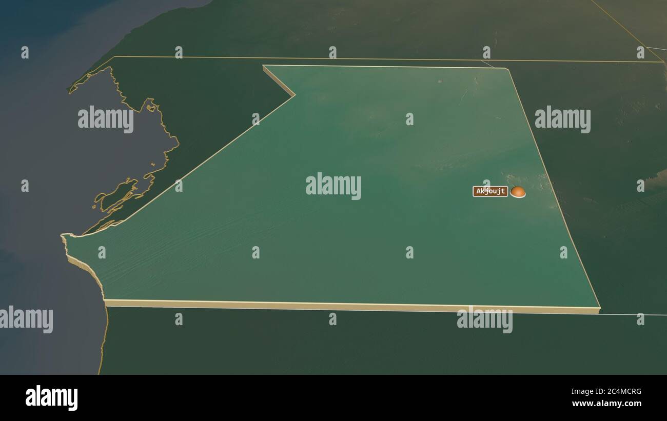 Zoom in on Inchiri (region of Mauritania) extruded. Oblique perspective ...