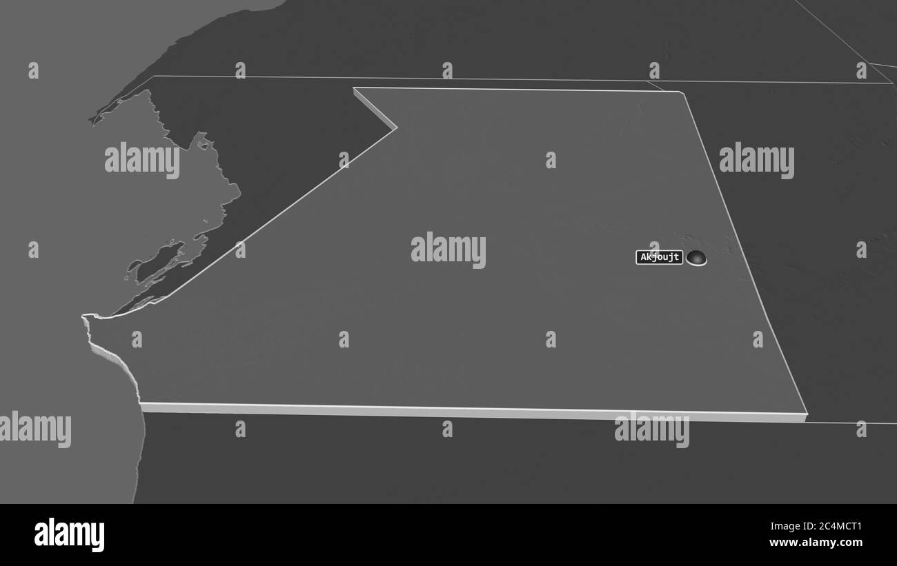 Zoom in on Inchiri (region of Mauritania) extruded. Oblique perspective ...