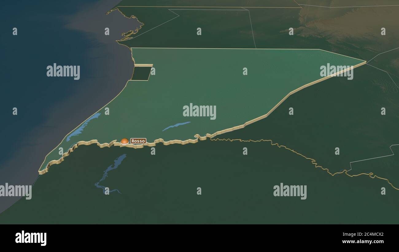 Zoom in on Trarza (region of Mauritania) extruded. Oblique perspective ...