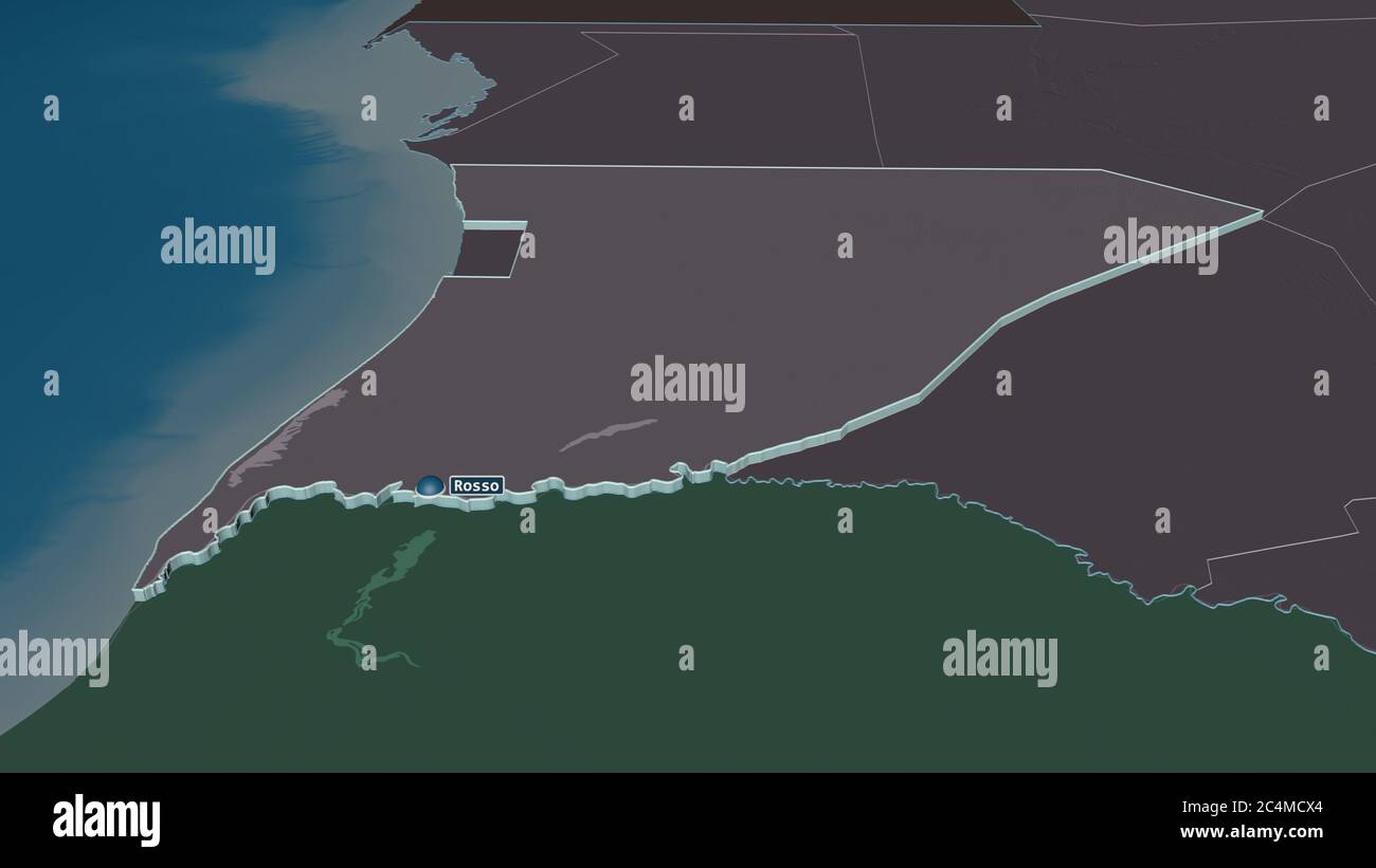 Zoom in on Trarza (region of Mauritania) extruded. Oblique perspective ...