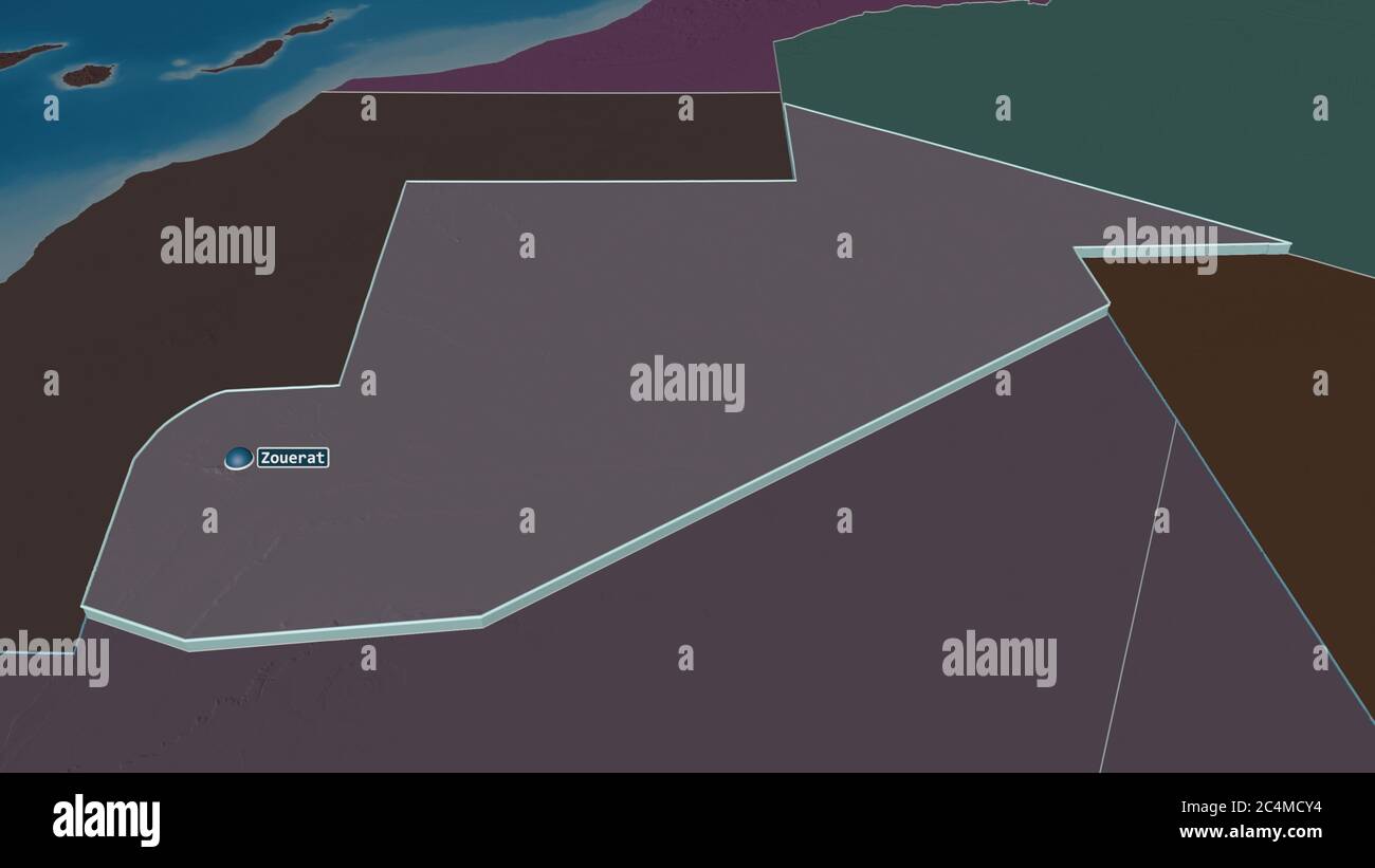Zoom in on Tiris Zemmour (region of Mauritania) extruded. Oblique ...