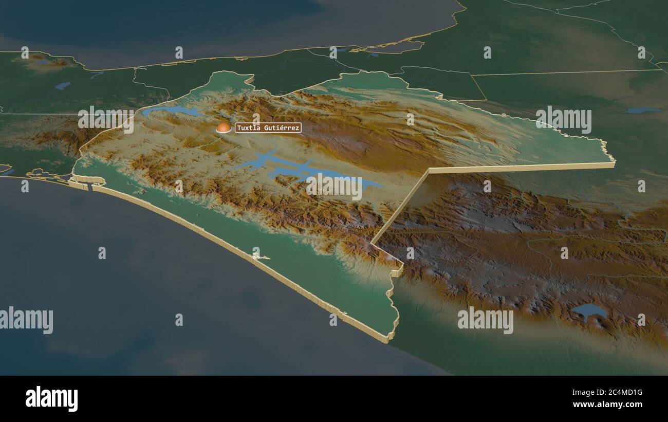 Zoom in on Chiapas (state of Mexico) extruded. Oblique perspective ...