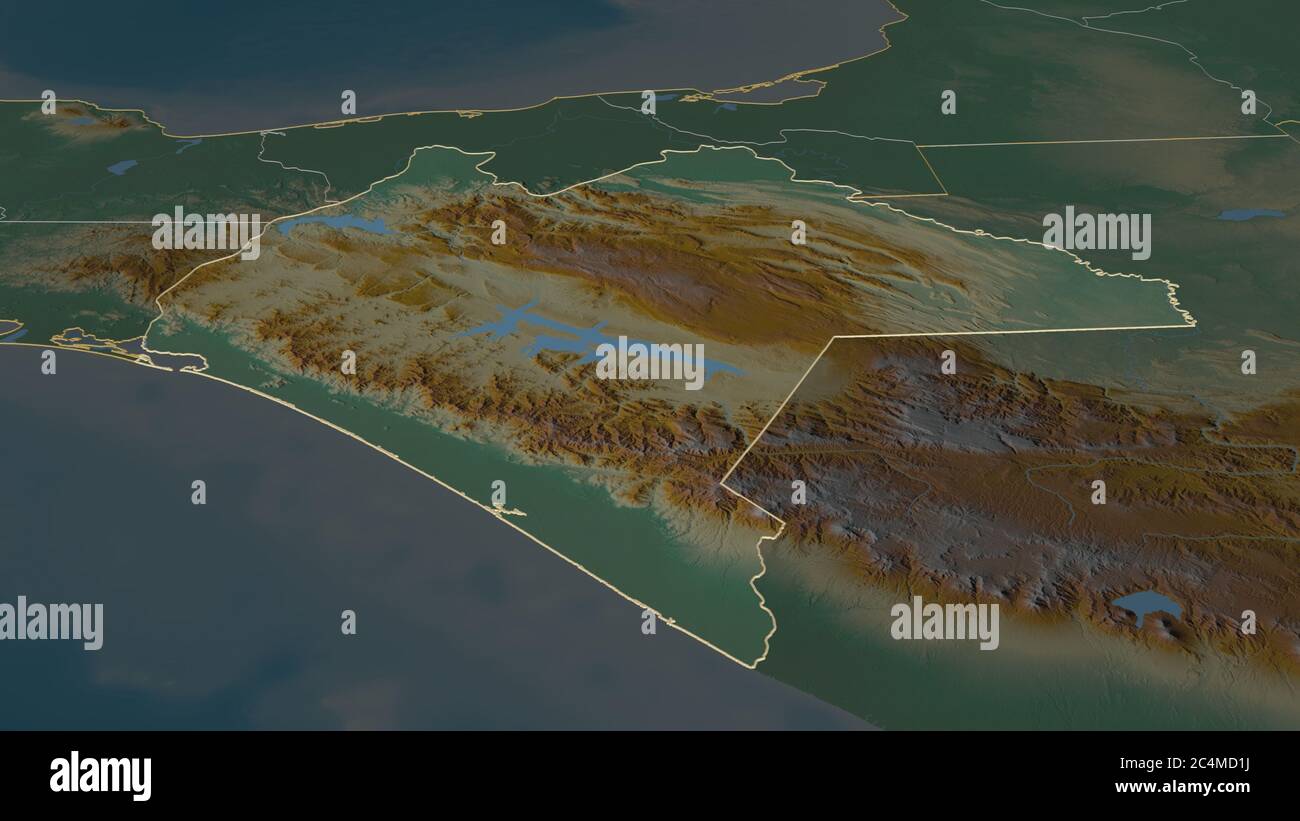Zoom in on Chiapas (state of Mexico) outlined. Oblique perspective ...