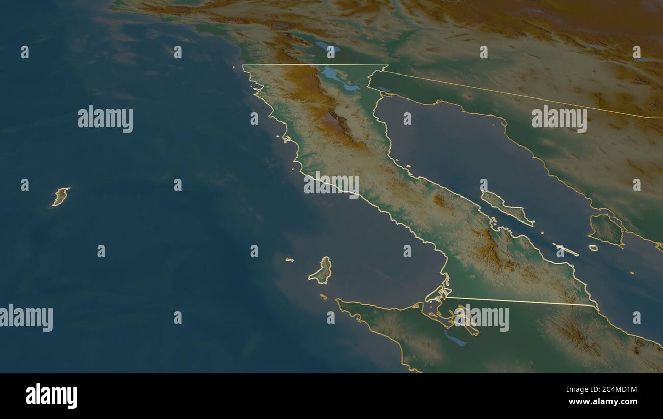 Zoom in on Baja California (state of Mexico) outlined. Oblique ...