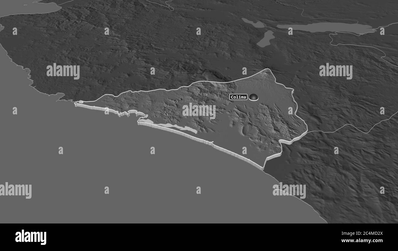 Zoom in on Colima (state of Mexico) extruded. Oblique perspective ...