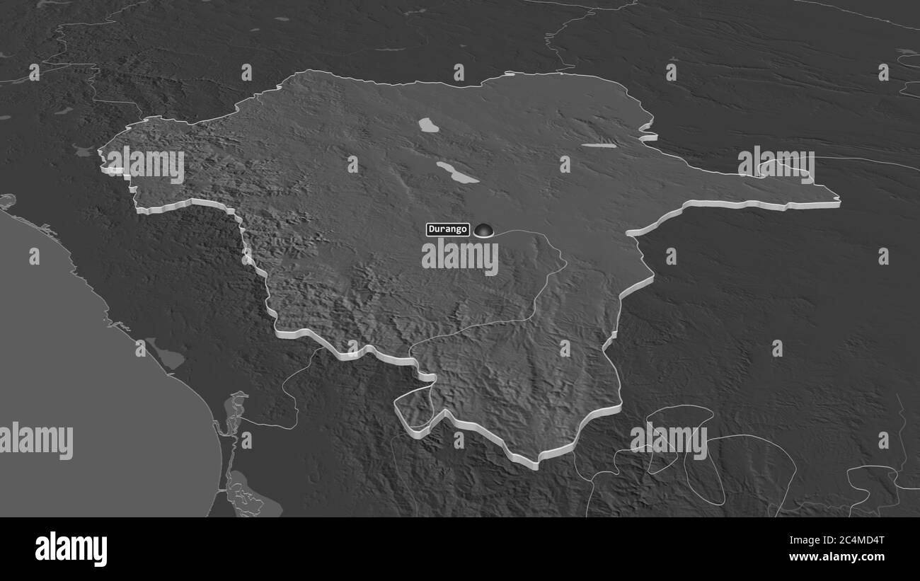 Zoom in on Durango (state of Mexico) extruded. Oblique perspective ...