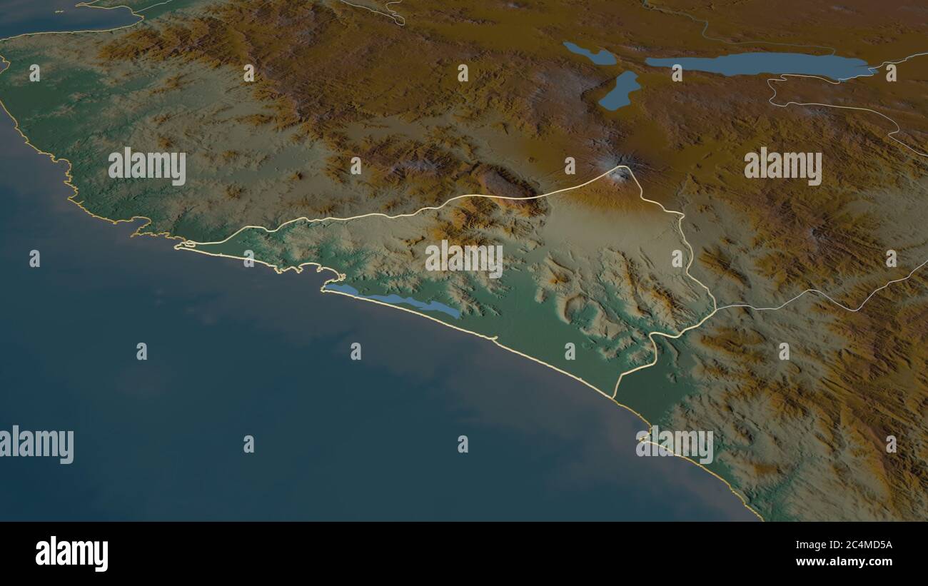 Zoom in on Colima (state of Mexico) outlined. Oblique perspective ...
