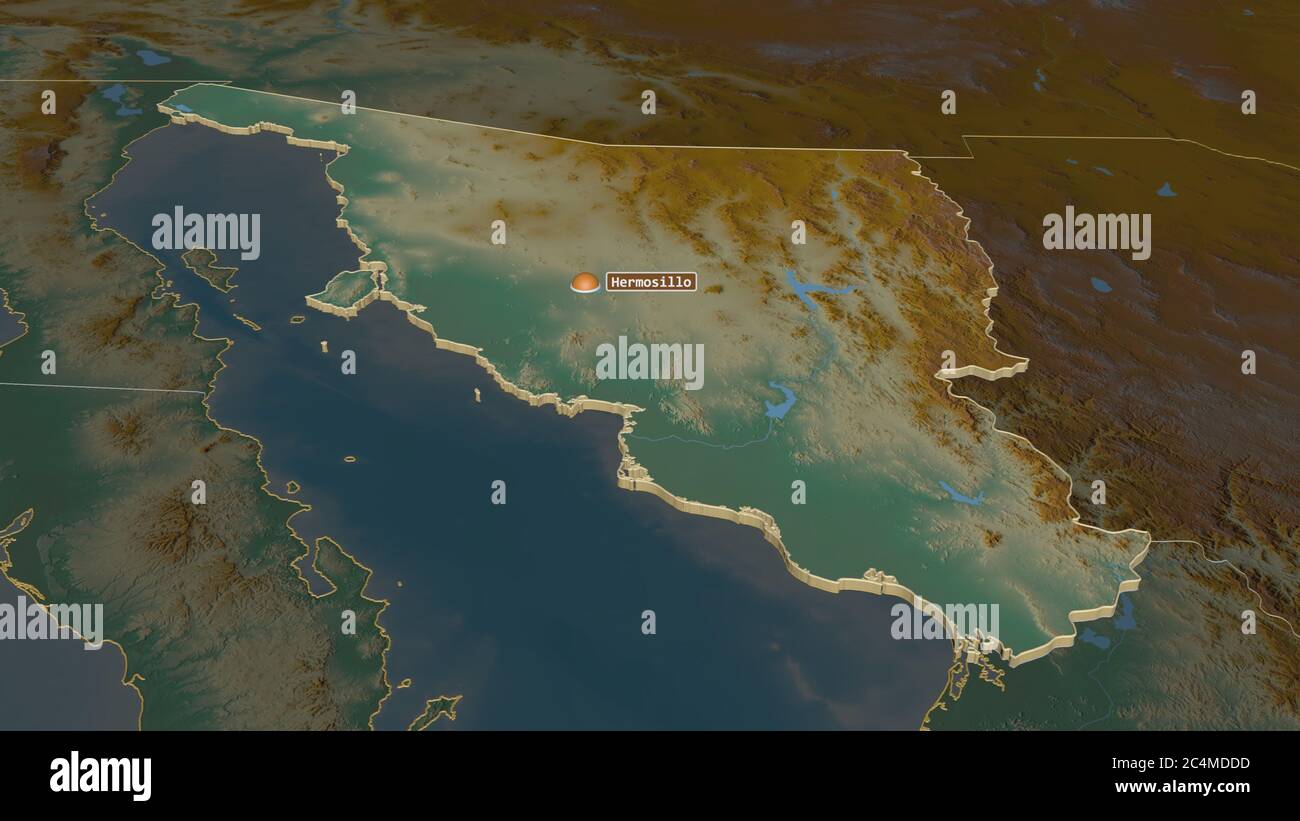 Zoom in on Sonora (state of Mexico) extruded. Oblique perspective. Topographic relief map with ...