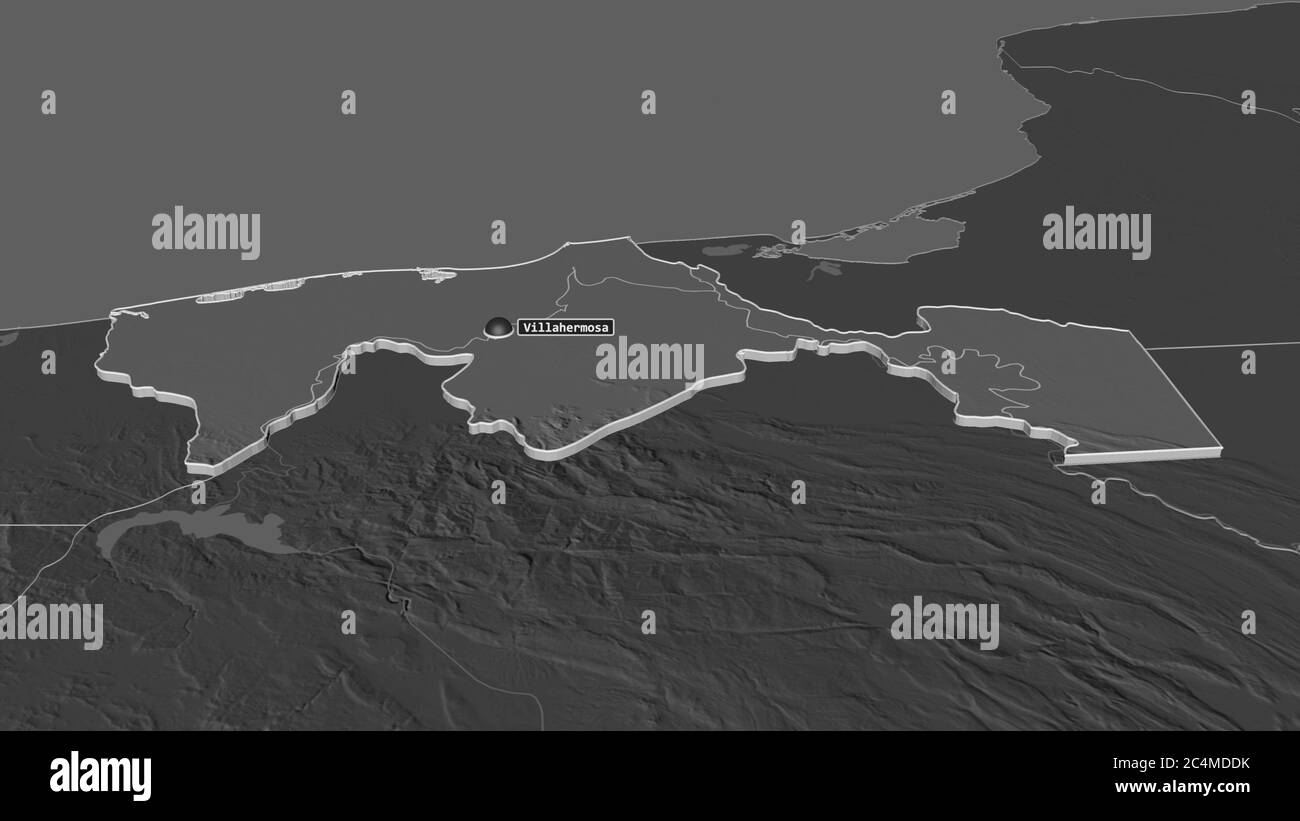Zoom in on Tabasco (state of Mexico) extruded. Oblique perspective ...