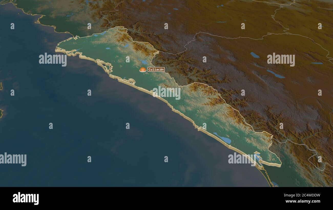 Zoom in on Sinaloa (state of Mexico) extruded. Oblique perspective ...