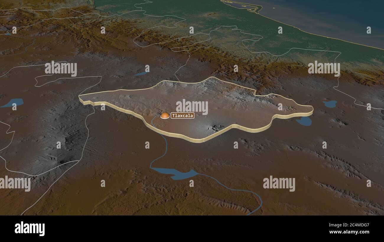 Zoom in on Tlaxcala (state of Mexico) extruded. Oblique perspective ...