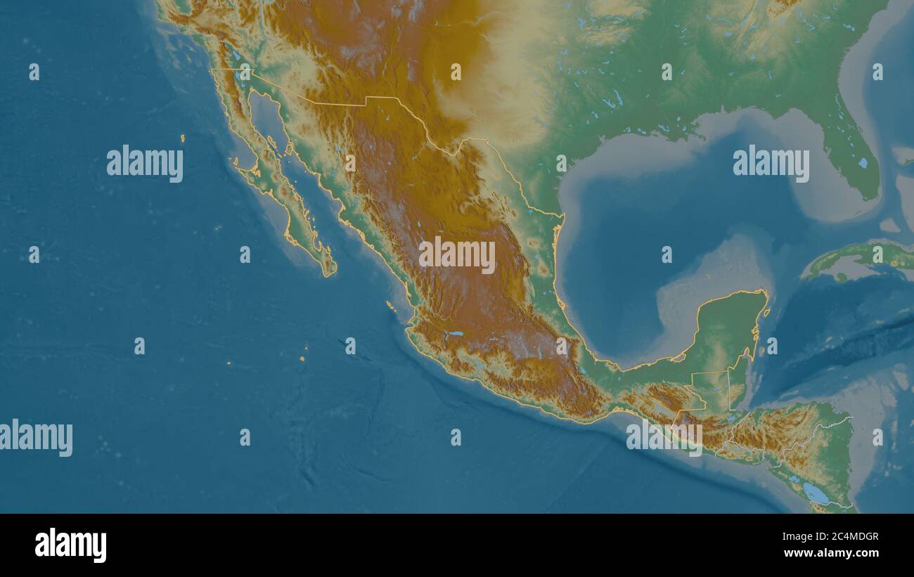 Outlined shape of the Mexico area. Topographic relief map with surface ...