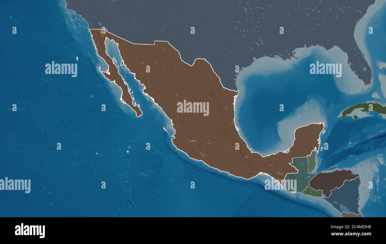Outlined shape of the Mexico area. Colored and bumped map of the ...