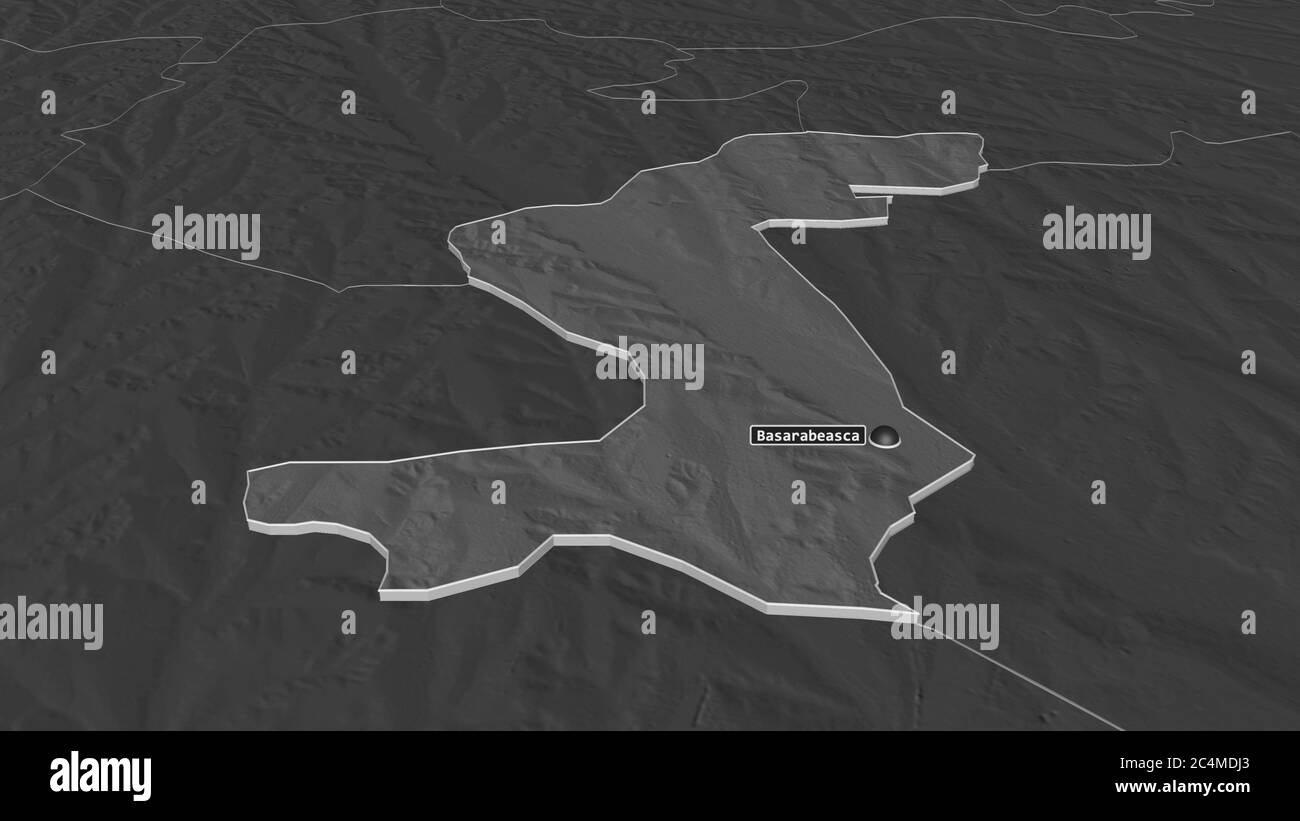 Zoom in on Basarabeasca (district of Moldova) extruded. Oblique perspective. Bilevel elevation ...