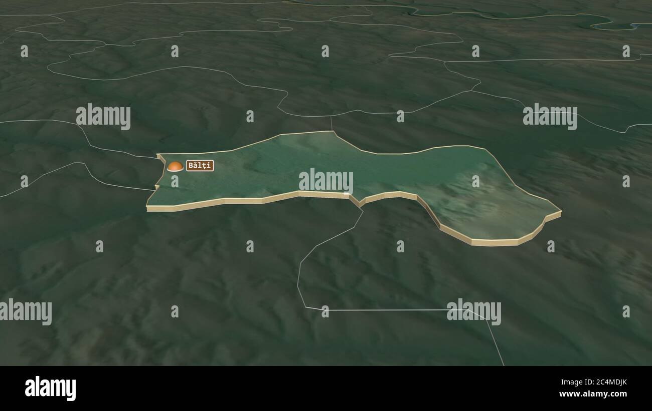 Zoom in on Bălţi (city of Moldova) extruded. Oblique perspective ...