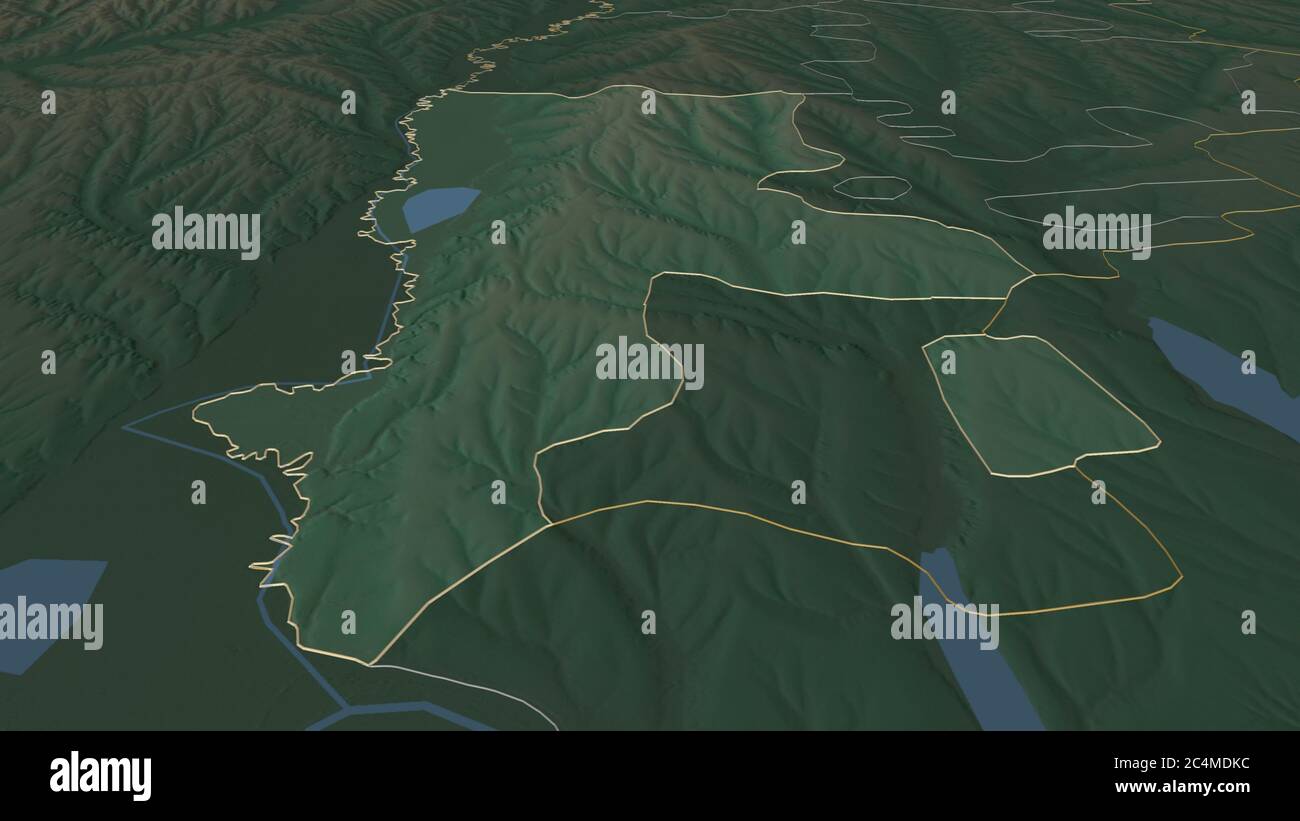 Zoom in on Cahul (district of Moldova) outlined. Oblique perspective ...