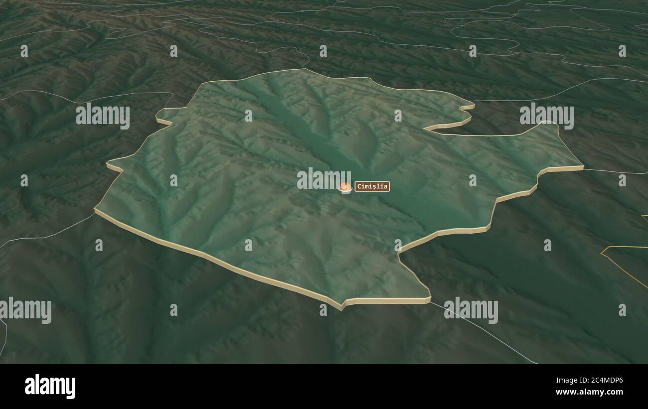 Zoom in on Cimişlia (district of Moldova) extruded. Oblique perspective ...