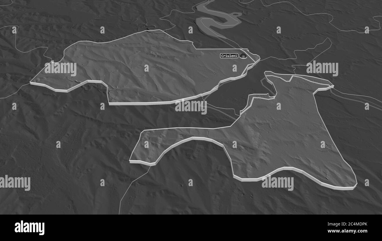 Zoom in on Criuleni (district of Moldova) extruded. Oblique perspective ...