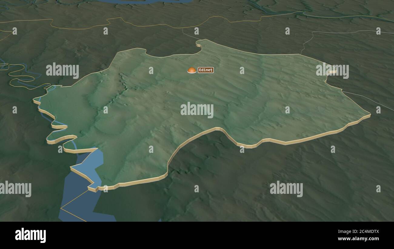 Zoom in on Edineţ (district of Moldova) extruded. Oblique perspective ...