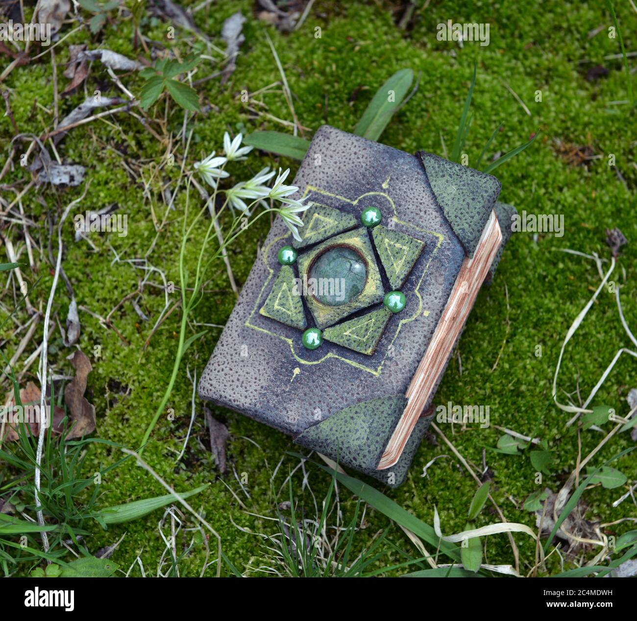 Close up of hand crafted witch diary on the grass in the garden ...