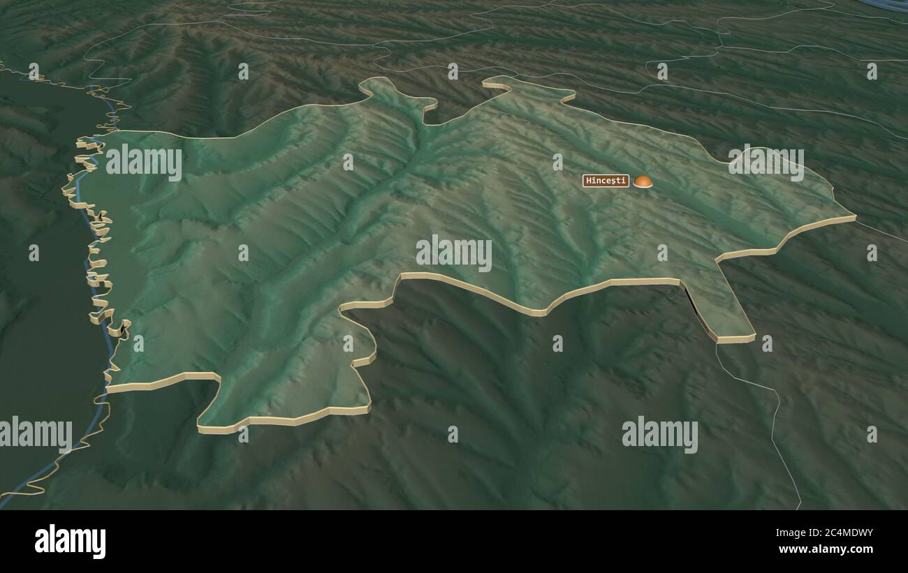 Zoom in on Hîncesti (district of Moldova) extruded. Oblique perspective ...