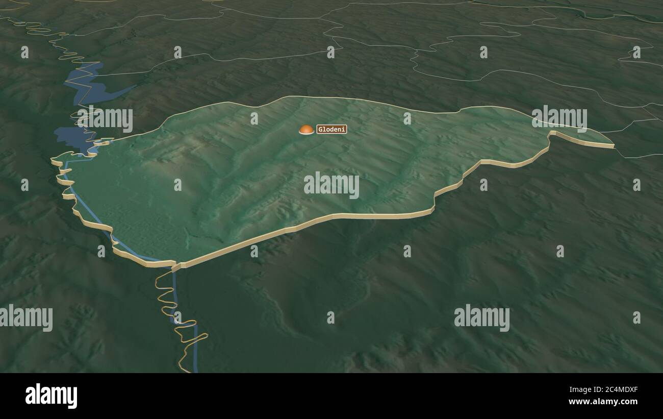 Zoom in on Glodeni (district of Moldova) extruded. Oblique perspective ...