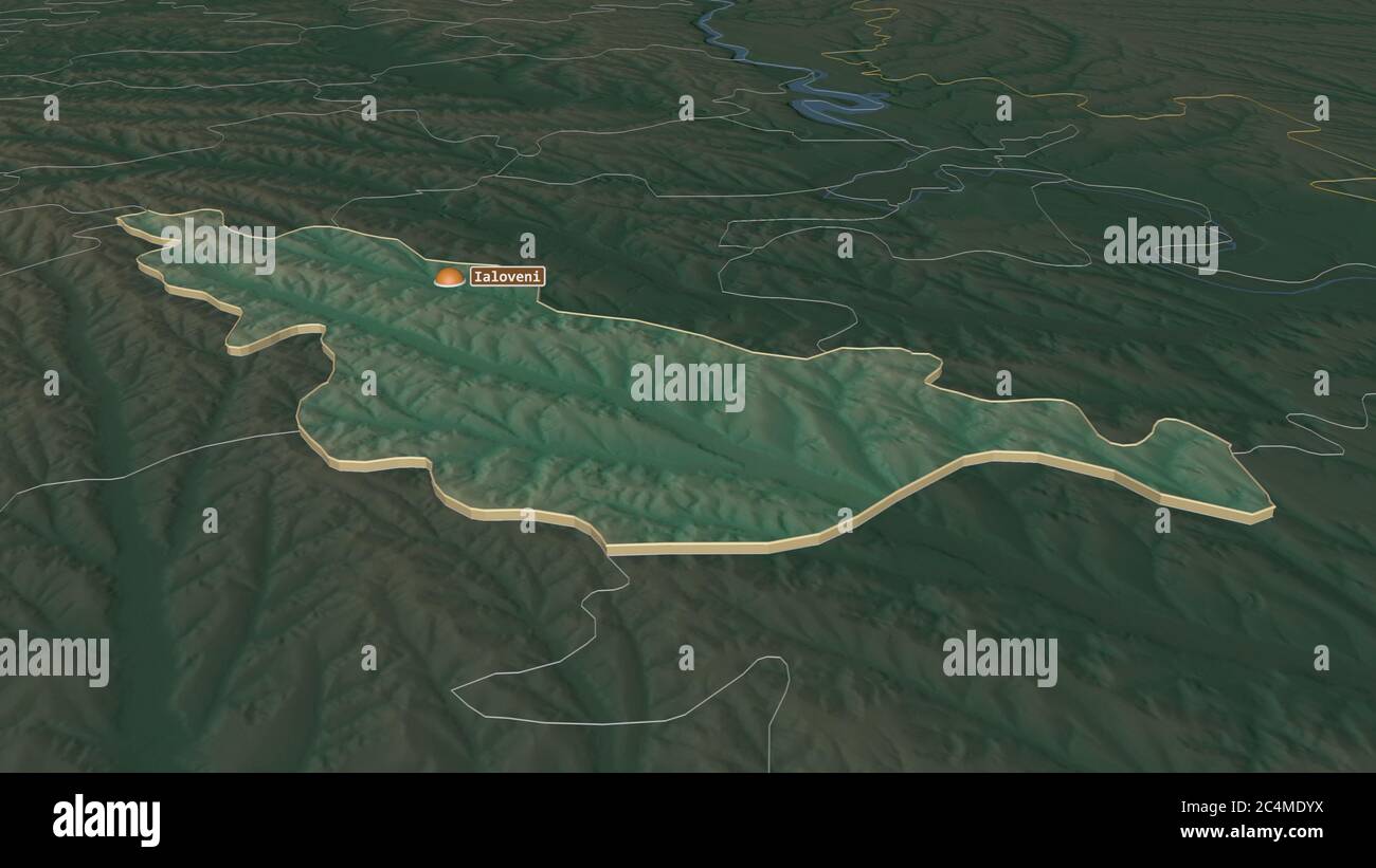 Zoom in on Ialoveni (district of Moldova) extruded. Oblique perspective ...