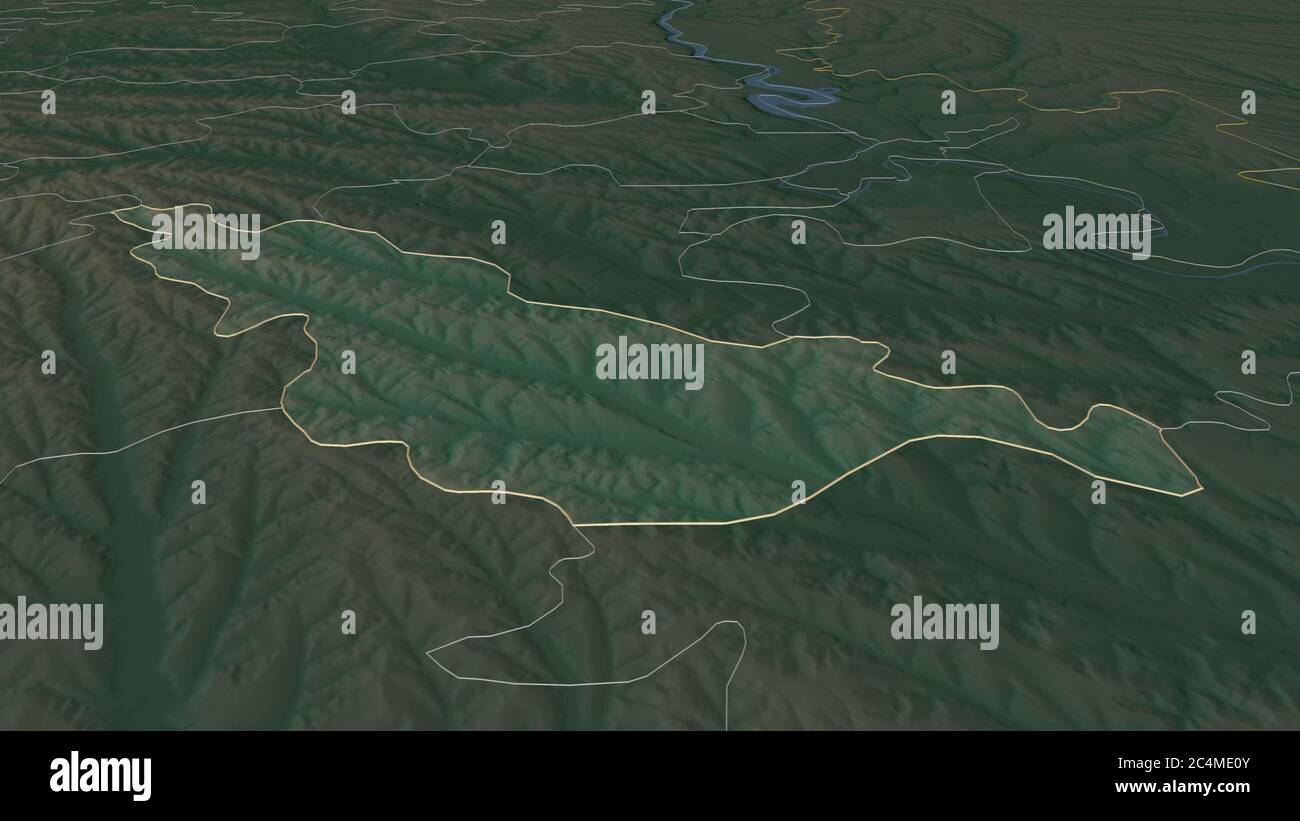 Zoom in on Ialoveni (district of Moldova) outlined. Oblique perspective ...