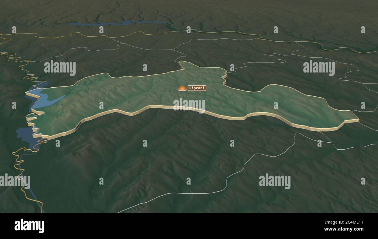 Zoom in on Rîşcani (district of Moldova) extruded. Oblique perspective ...