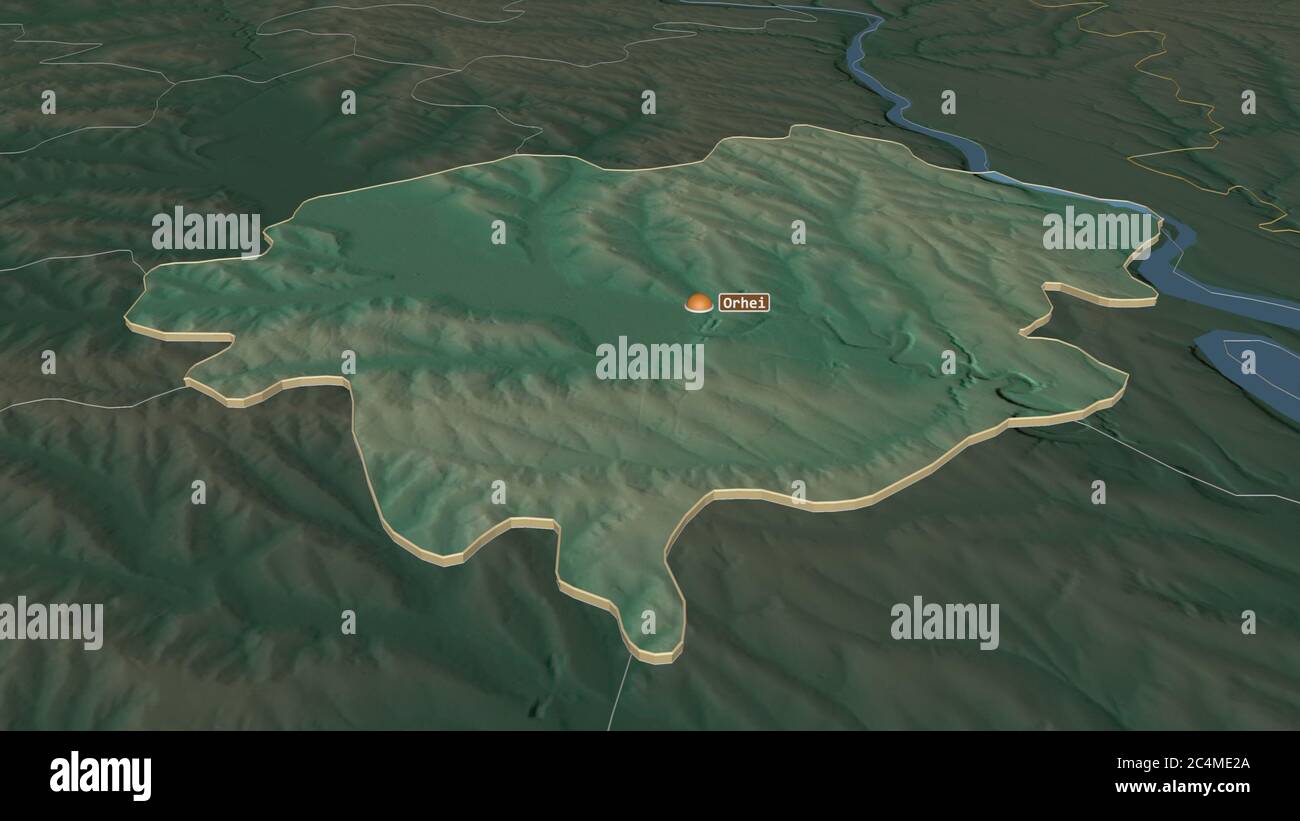 Zoom in on Orhei (district of Moldova) extruded. Oblique perspective ...