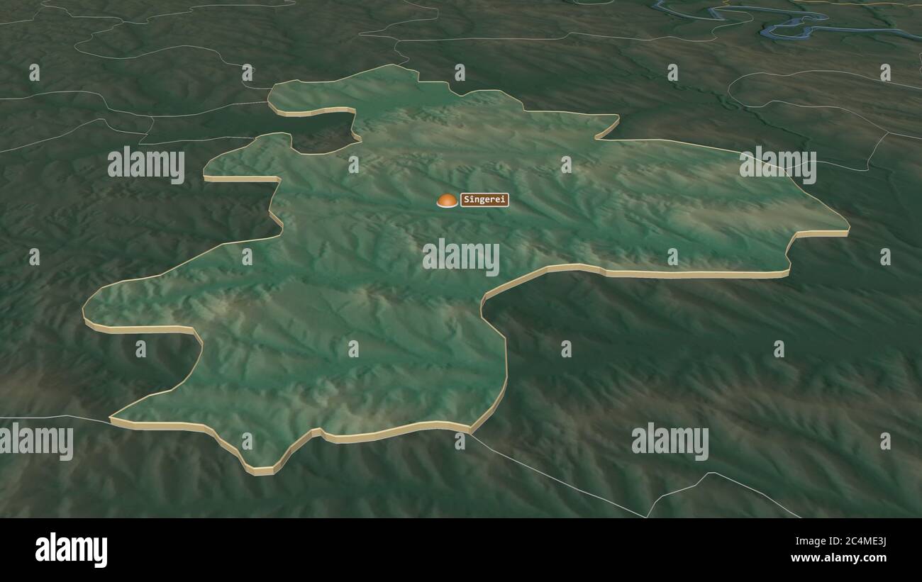 Zoom in on Sîngerei (district of Moldova) extruded. Oblique perspective ...