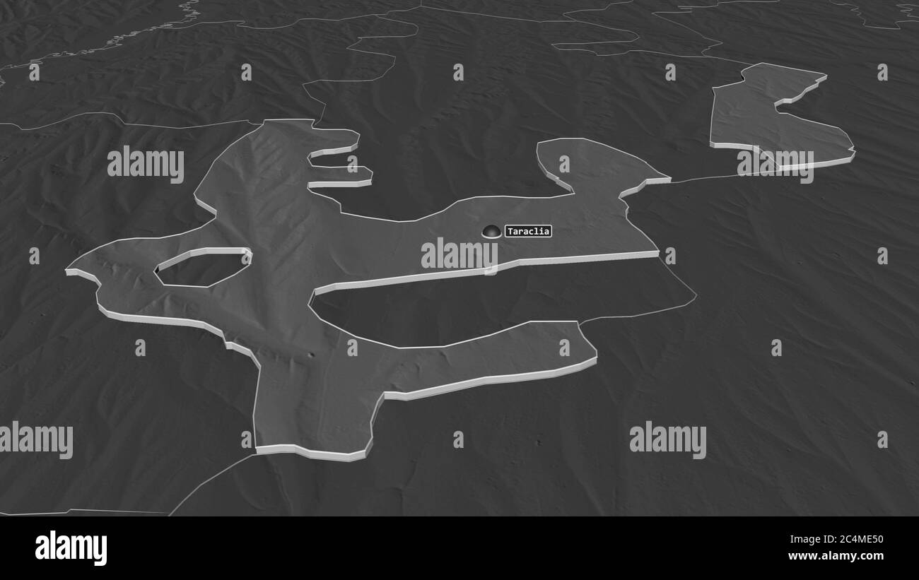 Zoom in on Taraclia (district of Moldova) extruded. Oblique perspective ...