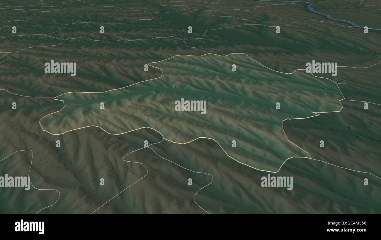 Zoom in on Străşeni (district of Moldova) outlined. Oblique perspective ...