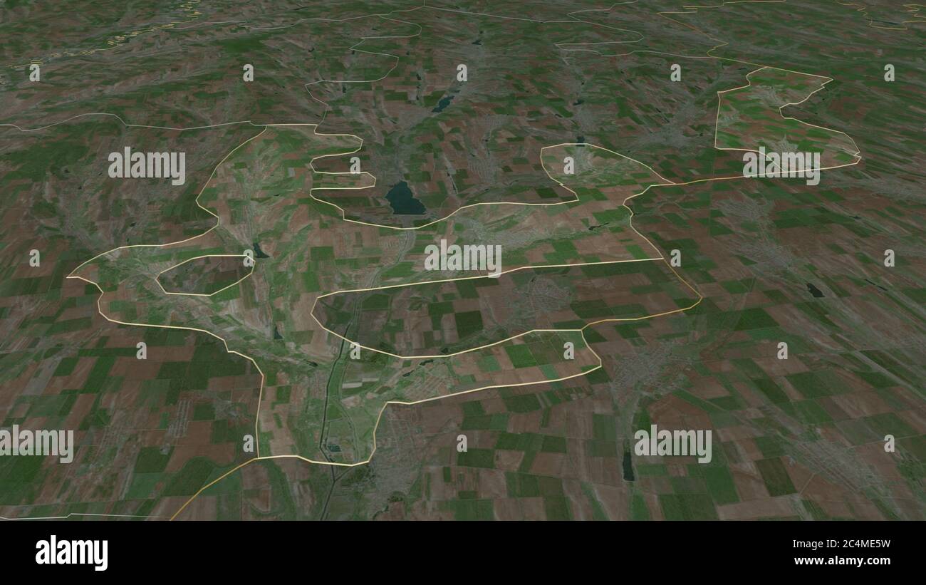Zoom in on Taraclia (district of Moldova) outlined. Oblique perspective ...
