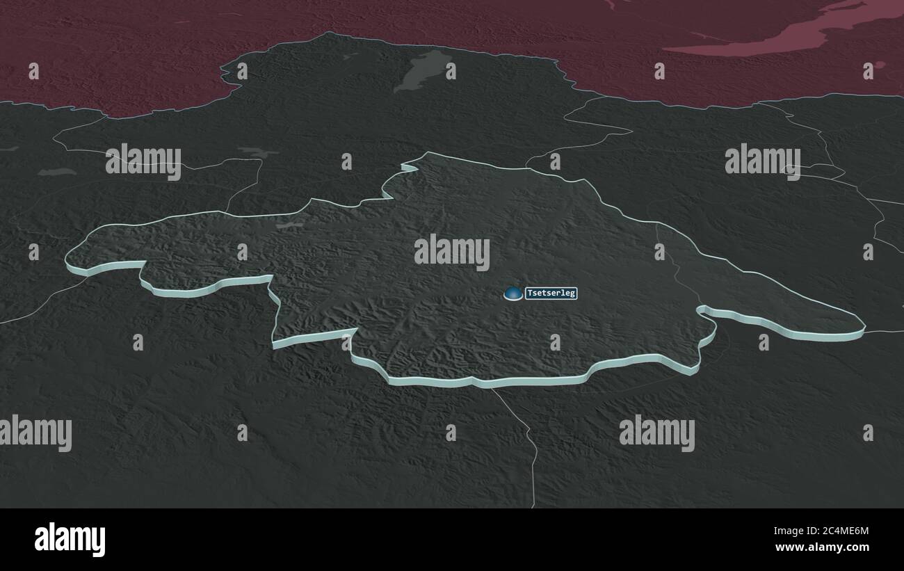 Zoom in on Arhangay (province of Mongolia) extruded. Oblique ...