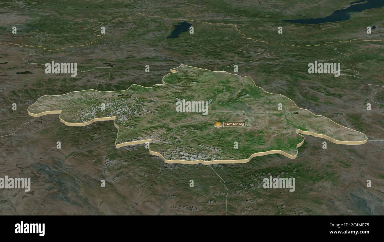 Zoom in on Arhangay (province of Mongolia) extruded. Oblique ...
