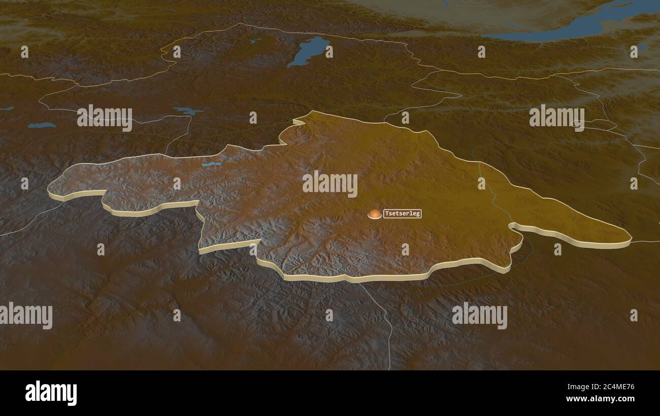Zoom in on Arhangay (province of Mongolia) extruded. Oblique ...