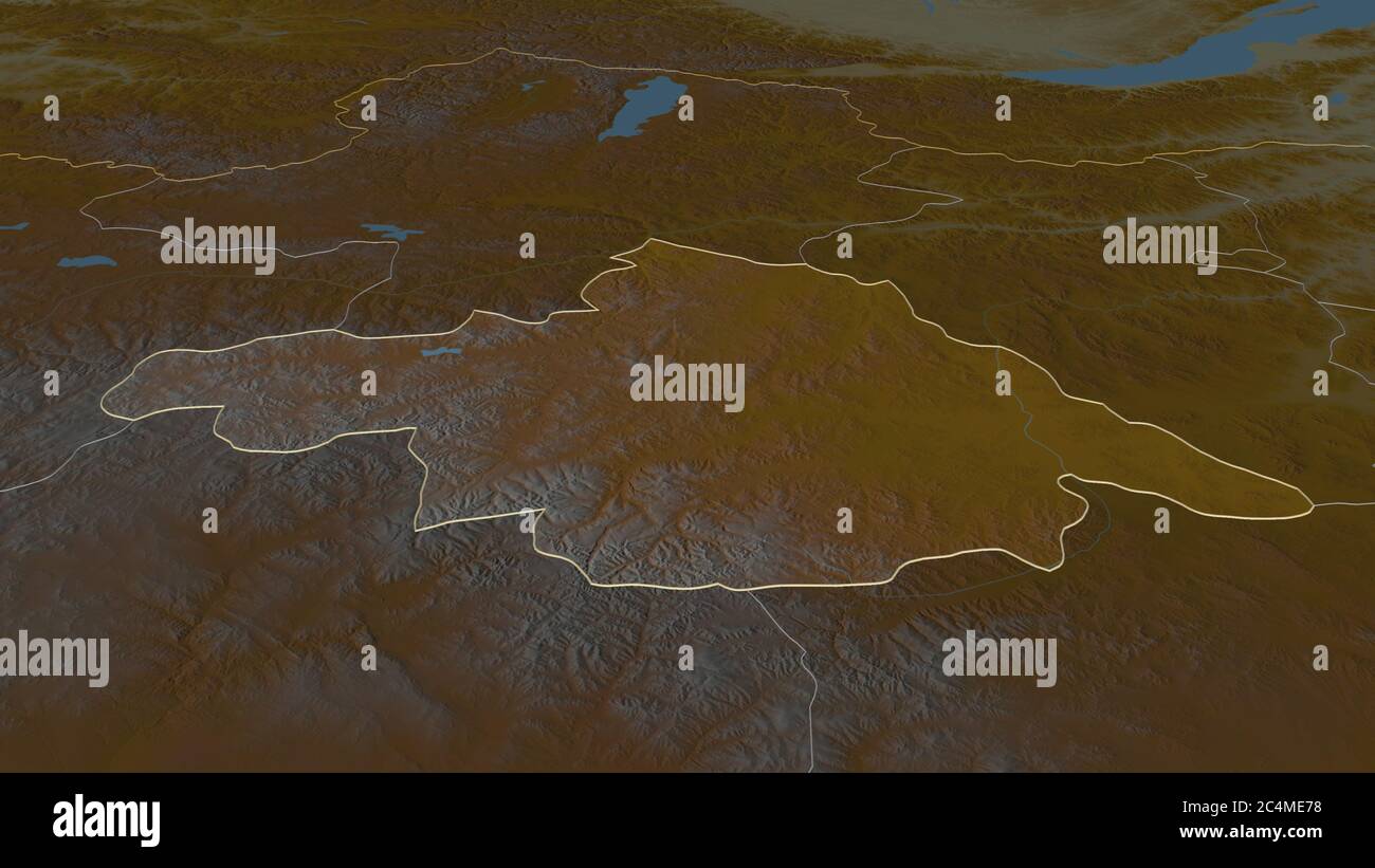 Zoom in on Arhangay (province of Mongolia) outlined. Oblique ...