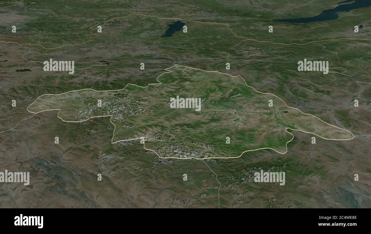 Zoom in on Arhangay (province of Mongolia) outlined. Oblique ...