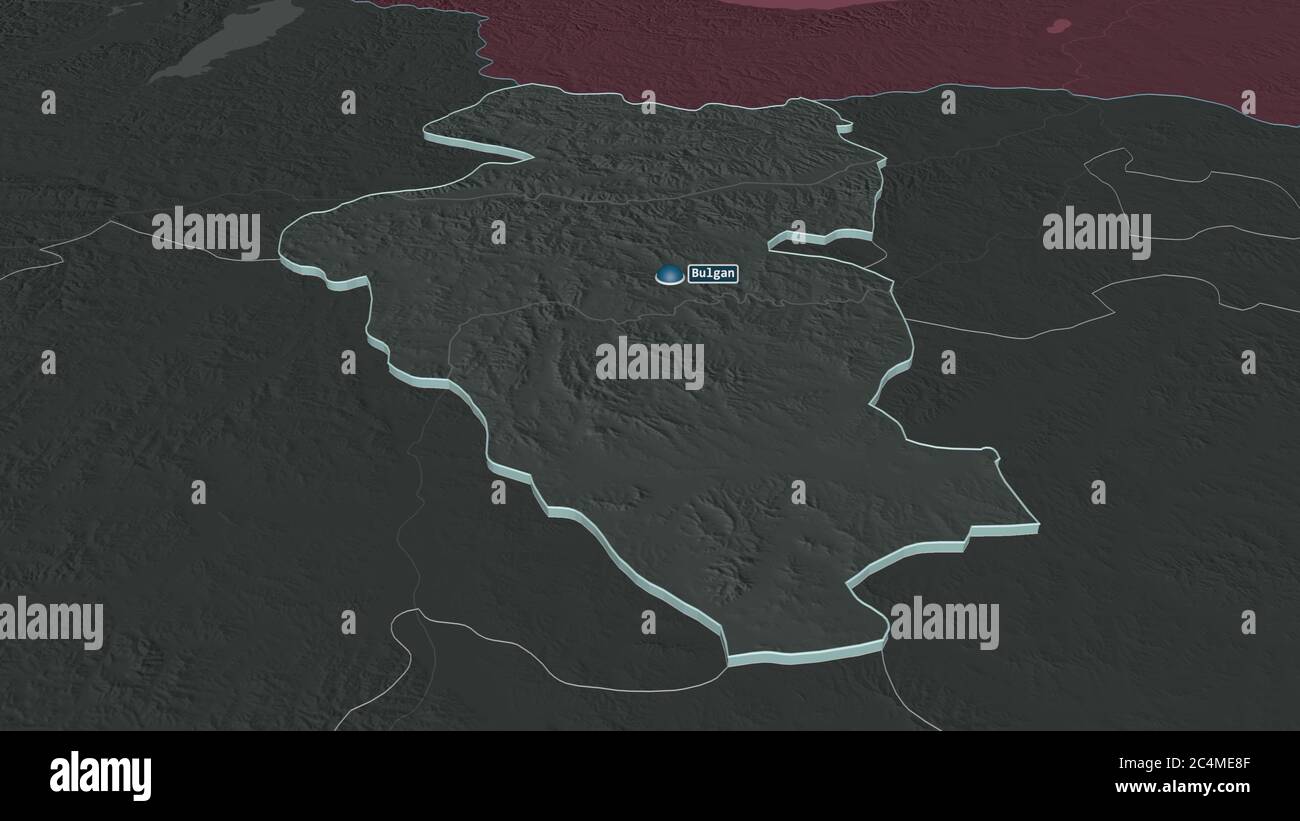 Zoom in on Bulgan (province of Mongolia) extruded. Oblique perspective ...