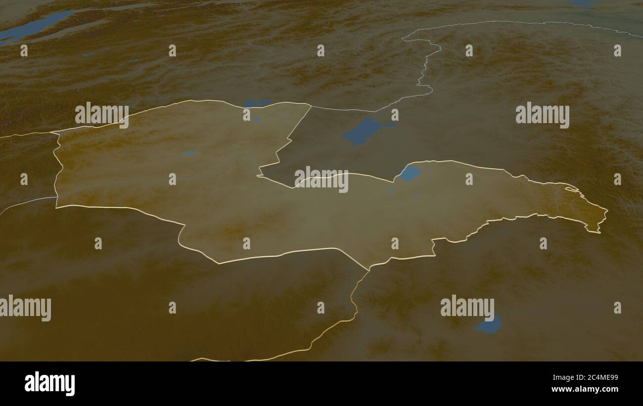 Zoom in on Dornod (province of Mongolia) outlined. Oblique perspective ...