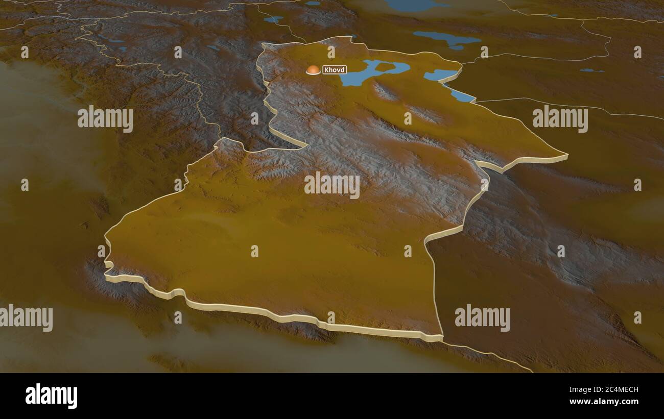 Zoom in on Hovd (province of Mongolia) extruded. Oblique perspective ...
