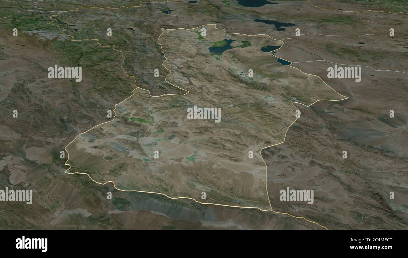 Zoom in on Hovd (province of Mongolia) outlined. Oblique perspective. Satellite imagery. 3D ...