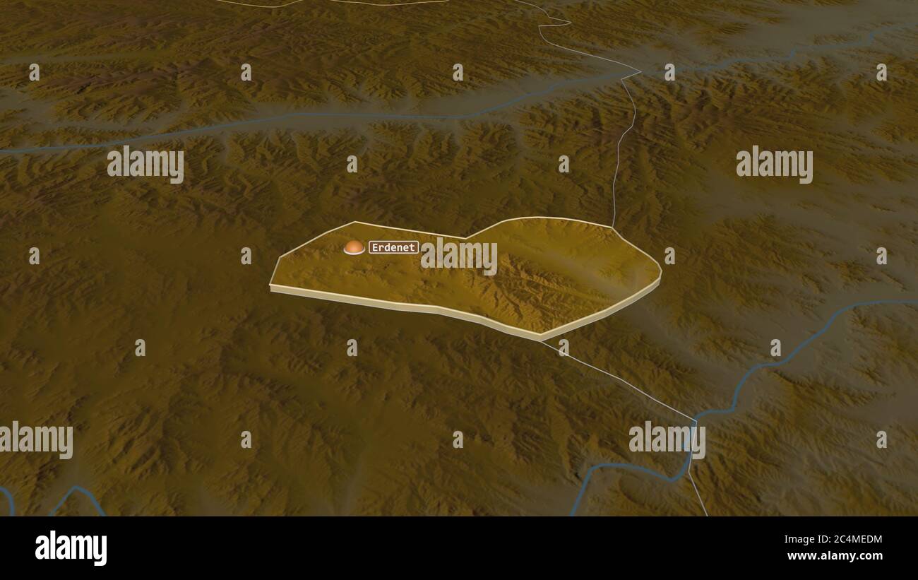Zoom in on Orhon (municipality of Mongolia) extruded. Oblique ...