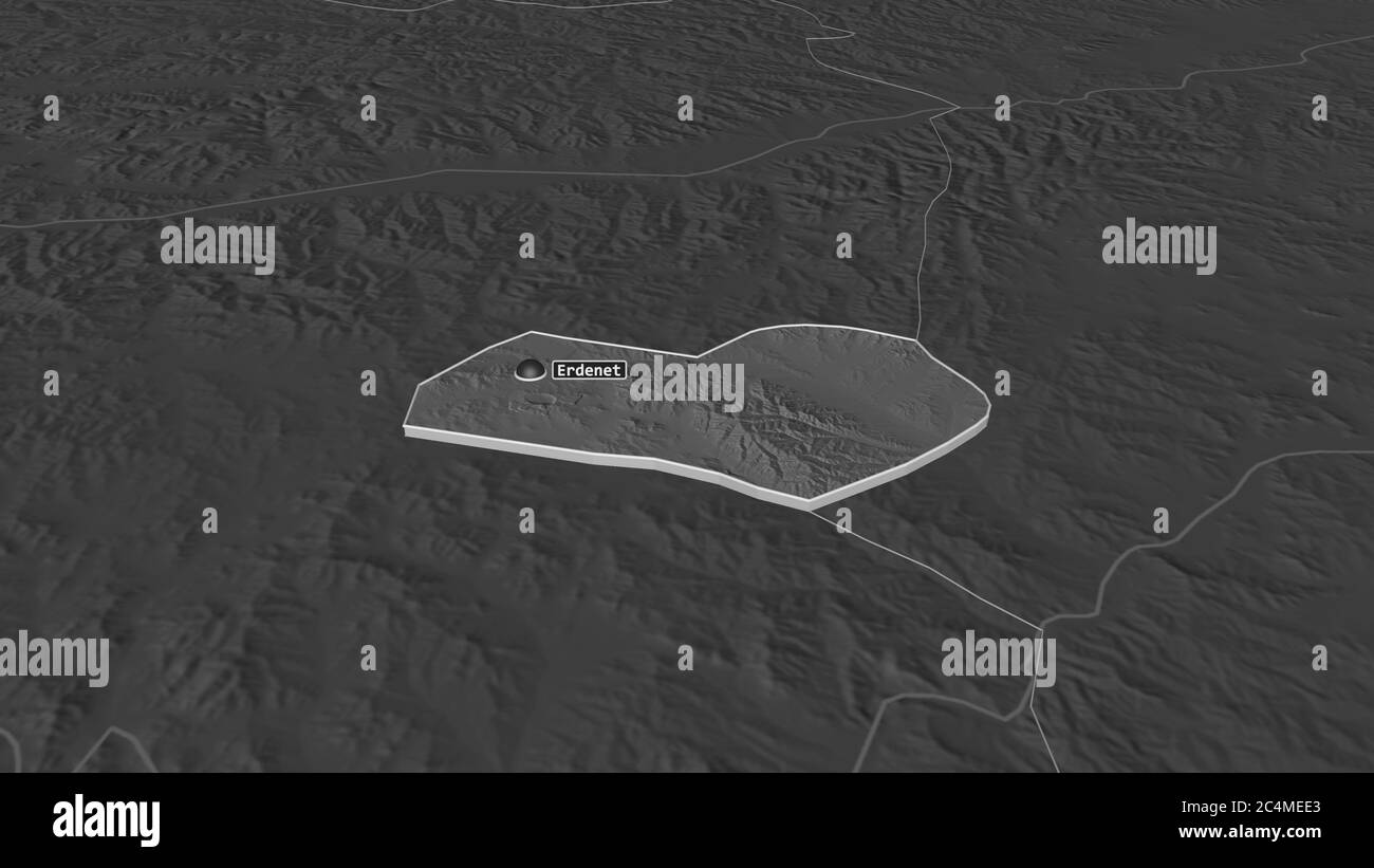 Zoom in on Orhon (municipality of Mongolia) extruded. Oblique ...