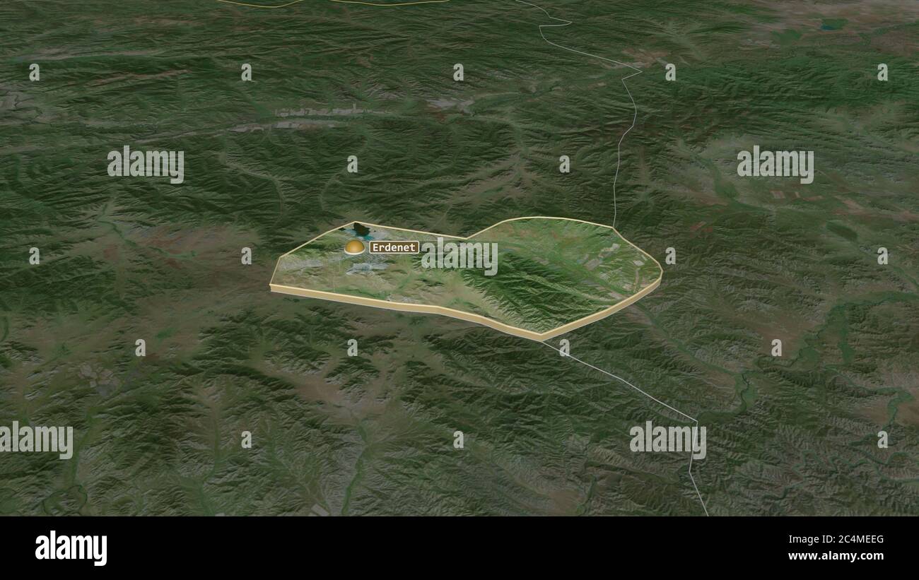 Zoom in on Orhon (municipality of Mongolia) extruded. Oblique ...