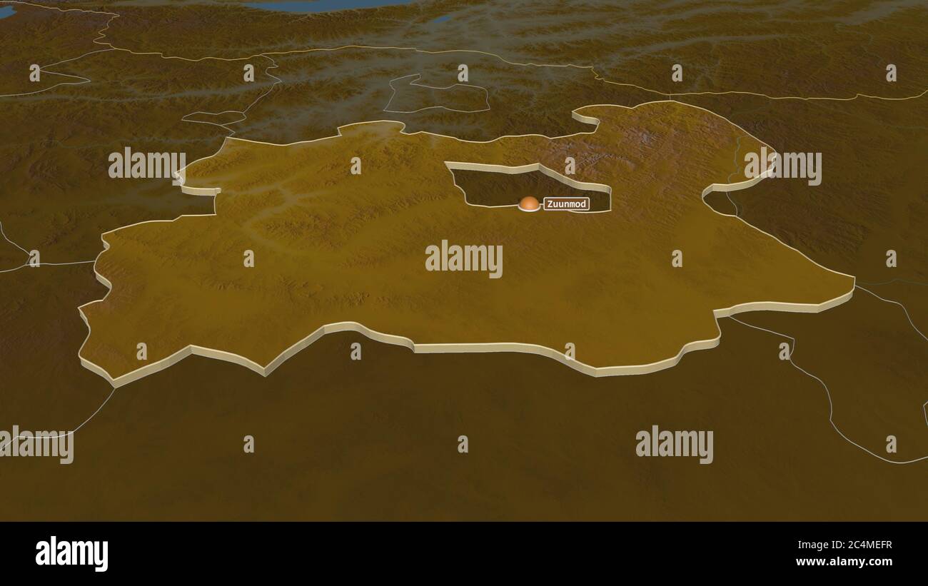 Zoom in on Töv (province of Mongolia) extruded. Oblique perspective ...