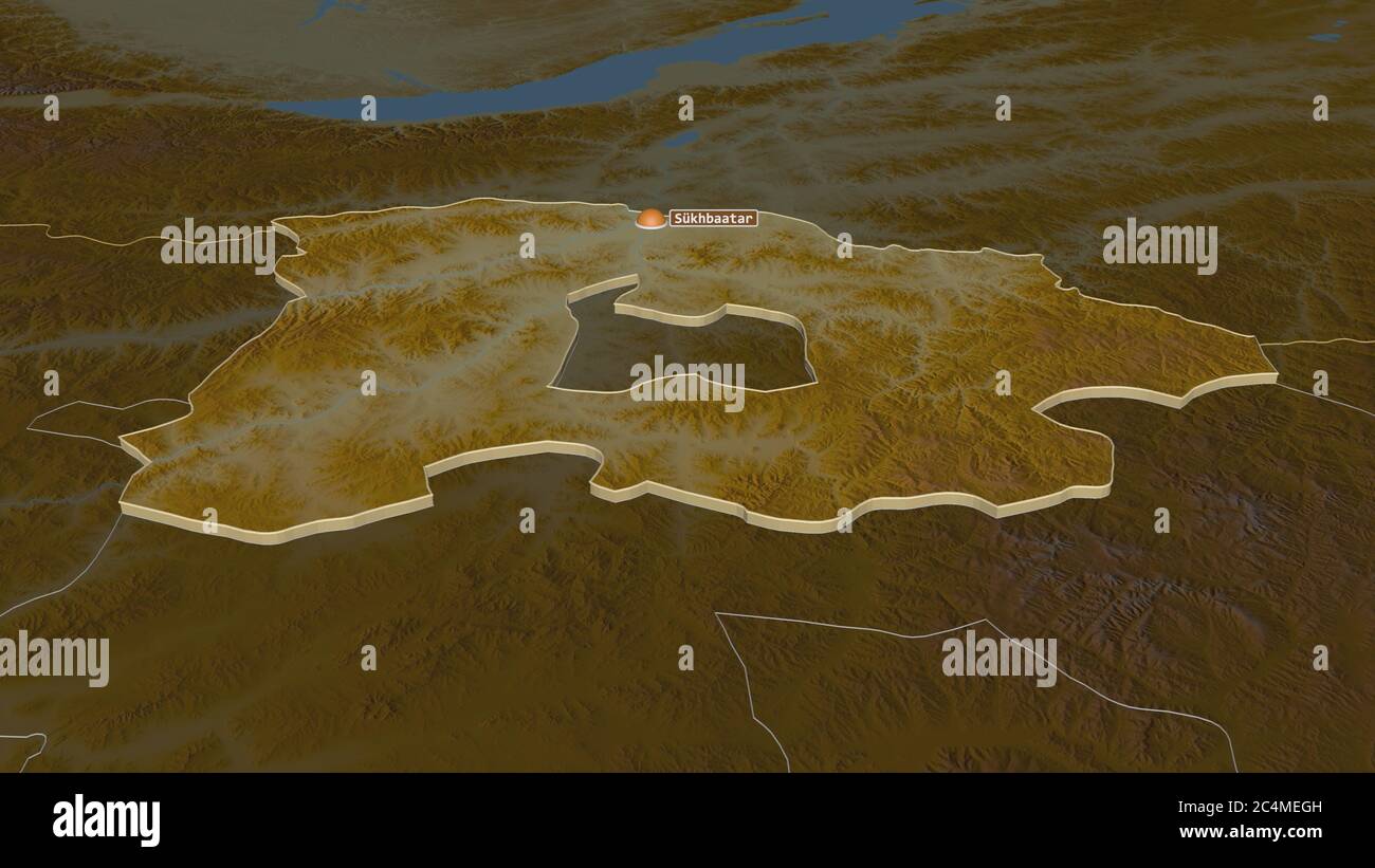 Zoom in on Selenge (province of Mongolia) extruded. Oblique perspective ...