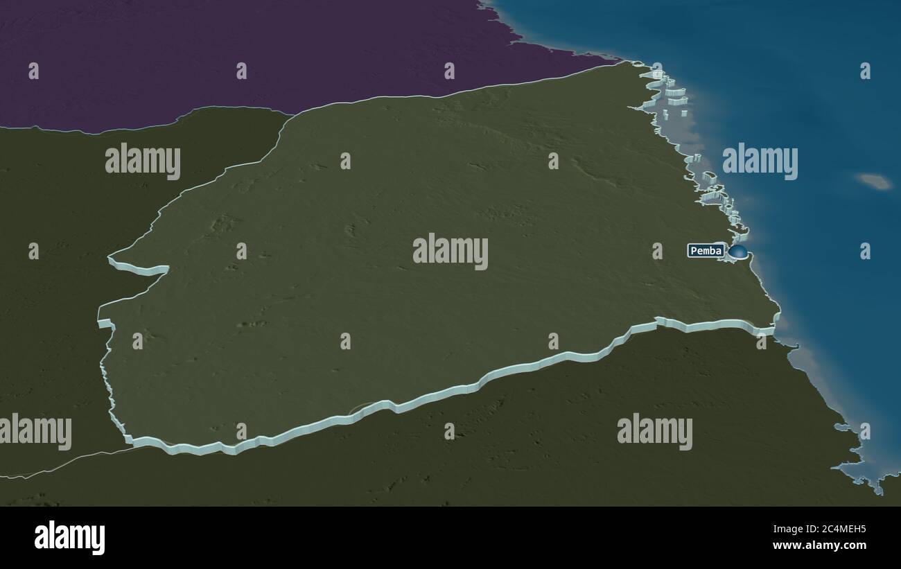 Zoom in on Cabo Delgado (province of Mozambique) extruded. Oblique ...