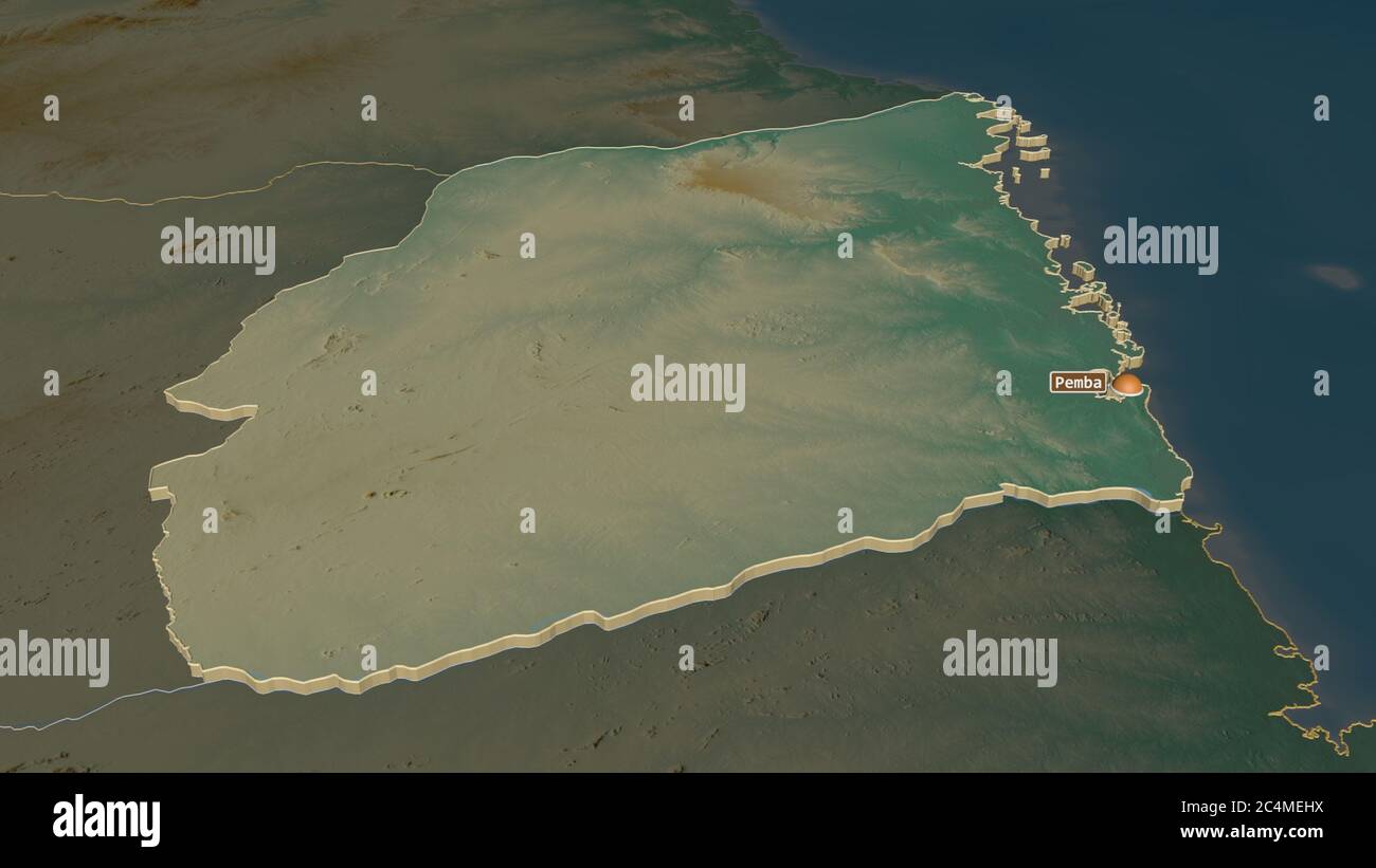 Zoom in on Cabo Delgado (province of Mozambique) extruded. Oblique ...
